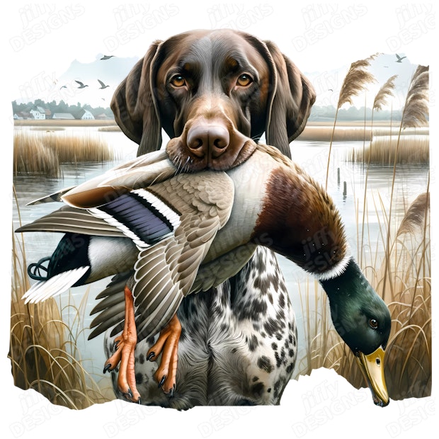 Hunting Dog with Duck in Scenic Wetland Landscape | Jiffy Designs