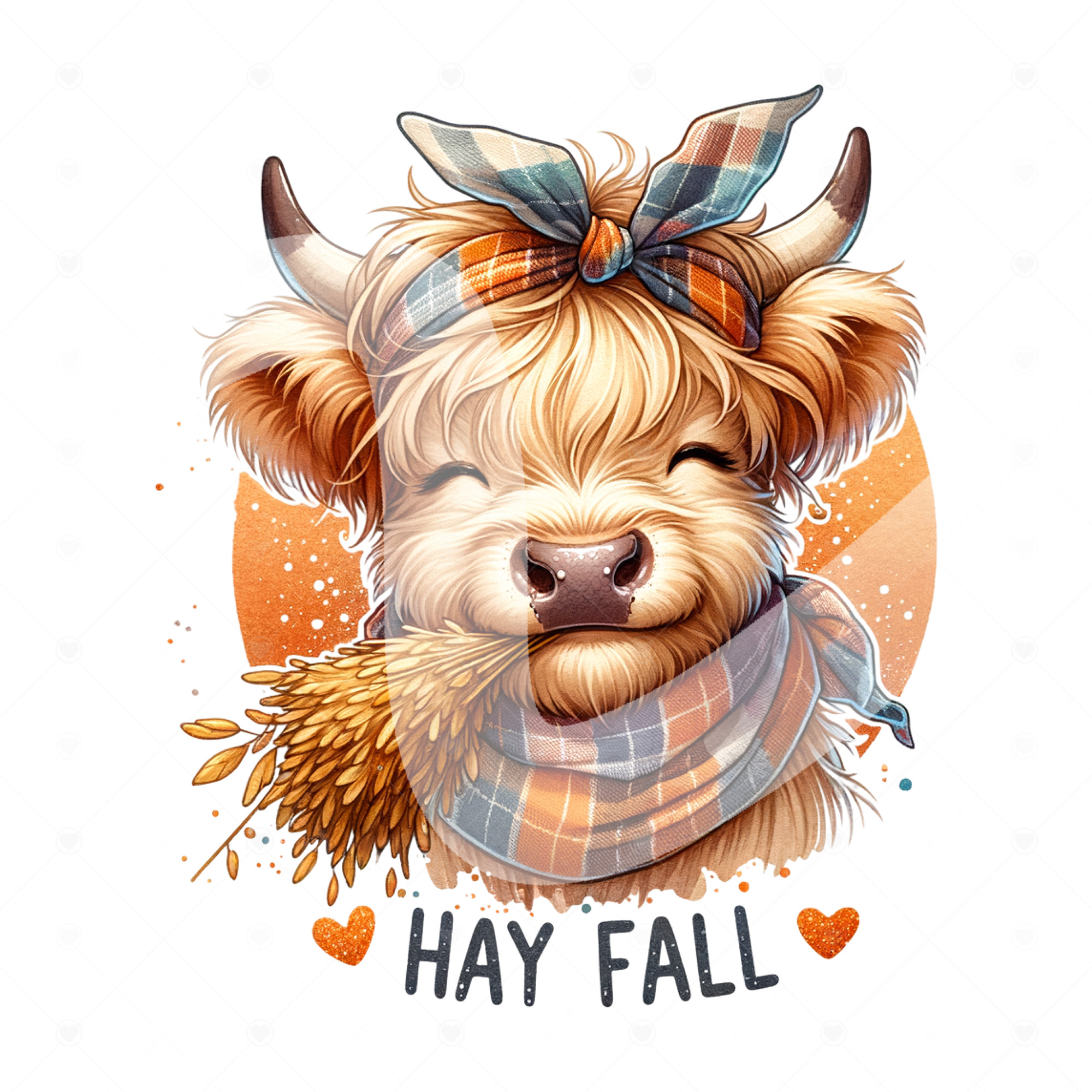 'Hay Fall' Adorable Highland Cow with Plaid Scarf and Wheat | Jiffy Designs