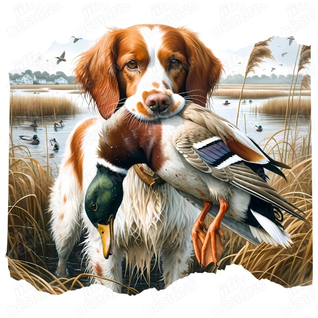 Hunting Dog with Duck in Rustic Wetland Scene | Jiffy Designs