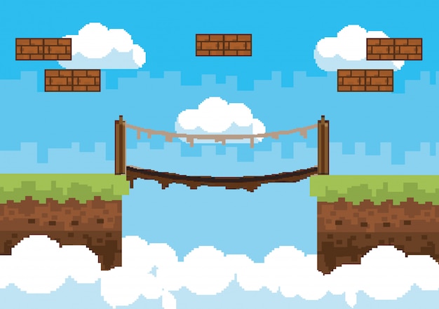 Whimsical Pixel Art Bridge Spanning Cloudy Landscape | Jiffy Designs
