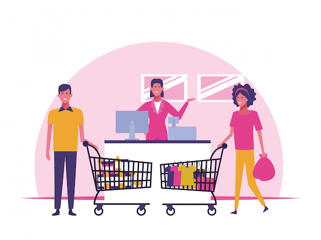 Illustrated Scene of People Shopping with Grocery Carts | Jiffy Designs