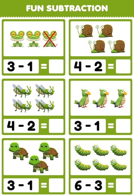 Charming Cartoon Creatures in Fun Subtraction Exercises | Jiffy Designs