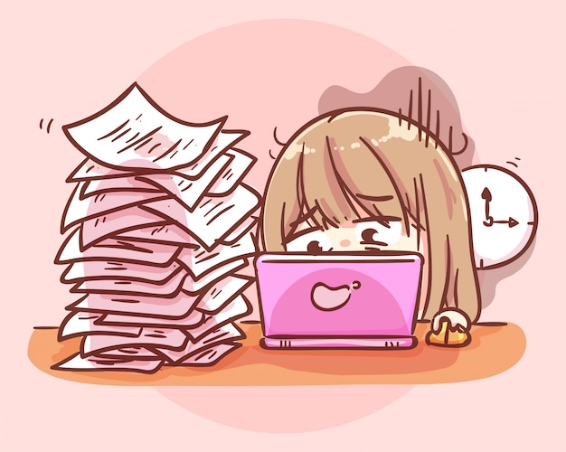 Overworked Anime-Style Character Surrounded by Paperwork | Jiffy Designs