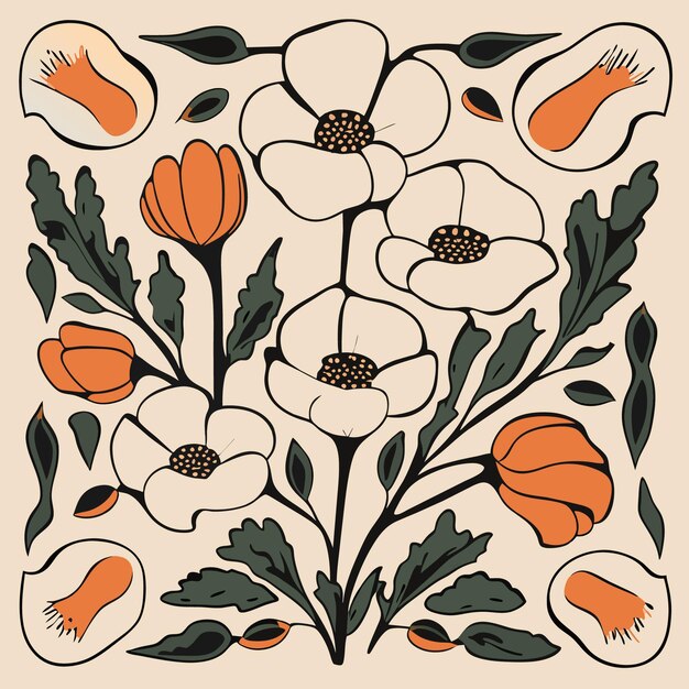 Vibrant Floral Motif with Stylized Blooms and Leaves | Jiffy Designs