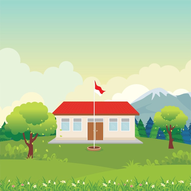 Serene Countryside School Building Illustration | Jiffy Designs