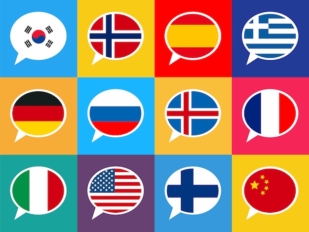 Diverse Global Flags and Languages in Vibrant Speech Bubbles | Jiffy ...