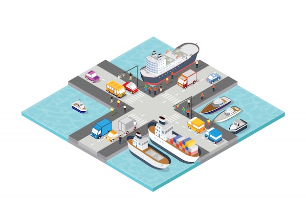 Bustling Isometric Seaport with Diverse Vessels and Vehicles | Jiffy ...