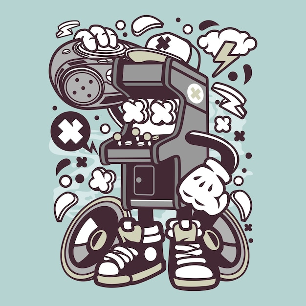 Funky Retro Gaming Character with Controller and Icons Illustration ...