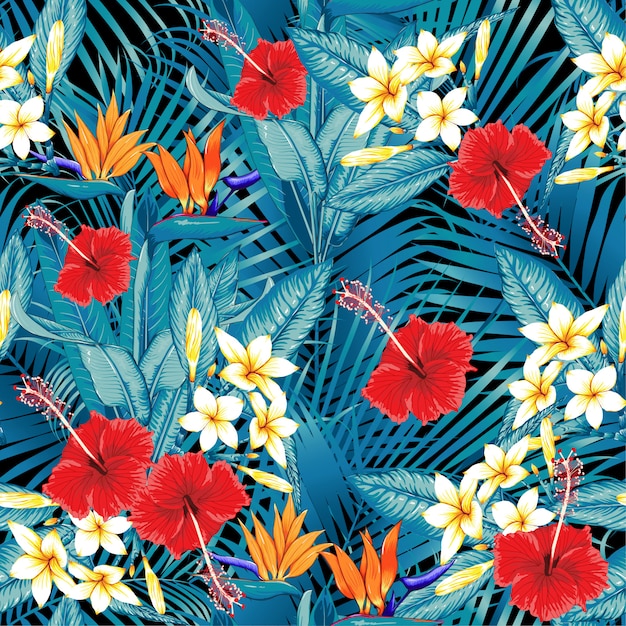 Vibrant Tropical Floral Pattern with Hibiscus and Plumeria | Jiffy Designs