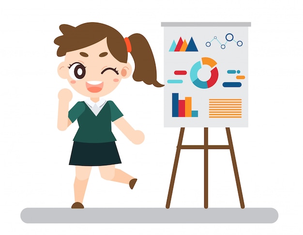 Cartoon Girl Presenting Data Visualization on Easel Board | Jiffy Designs