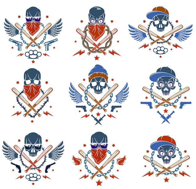 Vibrant Collection of Stylized Skull Emblems with Crossed Sporting ...