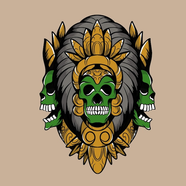 Ornate Aztec Skull Emblem with Feathered Headdress | Jiffy Designs