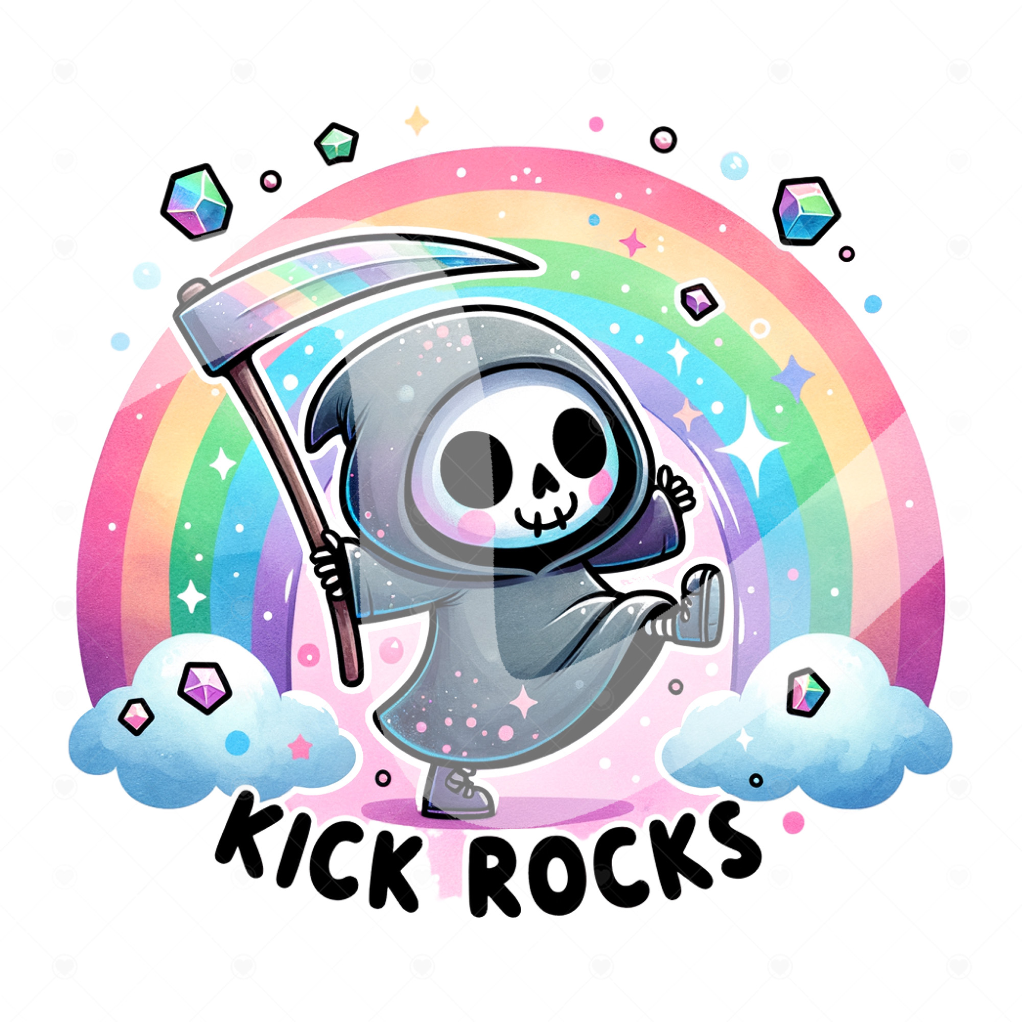 'Kick Rocks' Adorable Grim Reaper Dancing Amidst Vibrant Rainbow and ...