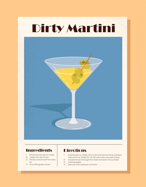 Iconic Dirty Martini Cocktail Illustrated in Retro Style | Jiffy Designs