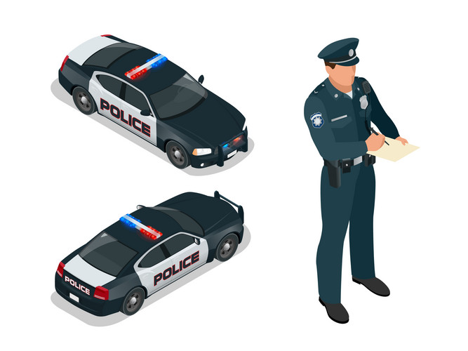 Isometric Police Officer And Police Car With Siren Light Blinking ...