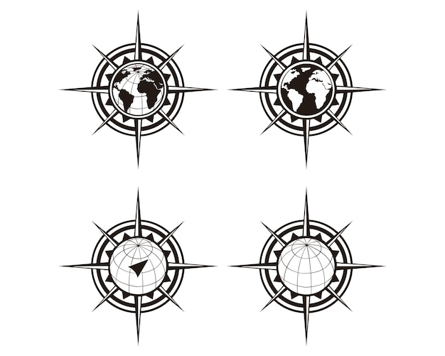 Detailed Compass Symbols Representing Global Directions and Continents ...