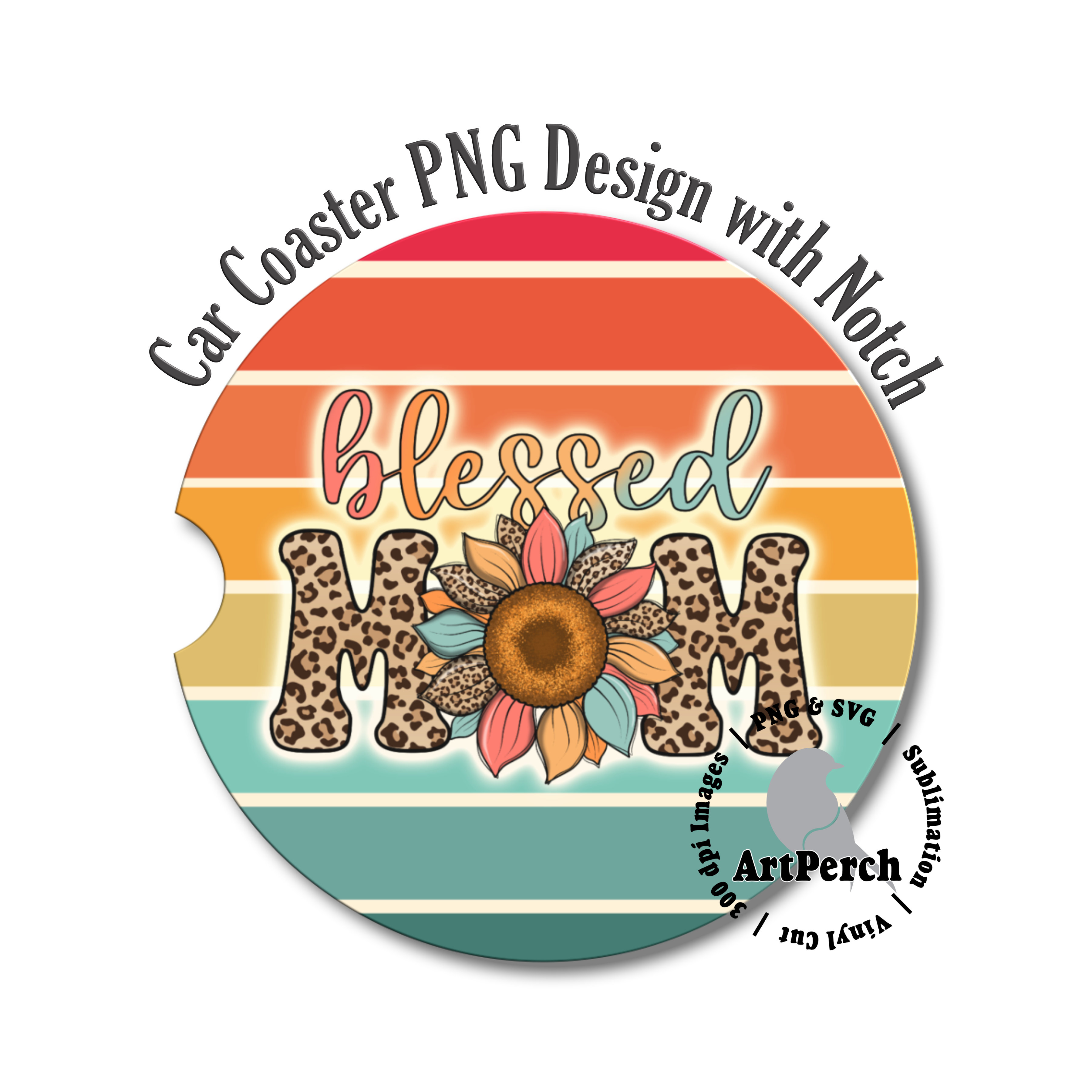 'Blessed Mom' Sunflower and Leopard Print Motif on Retro Rainbow ...