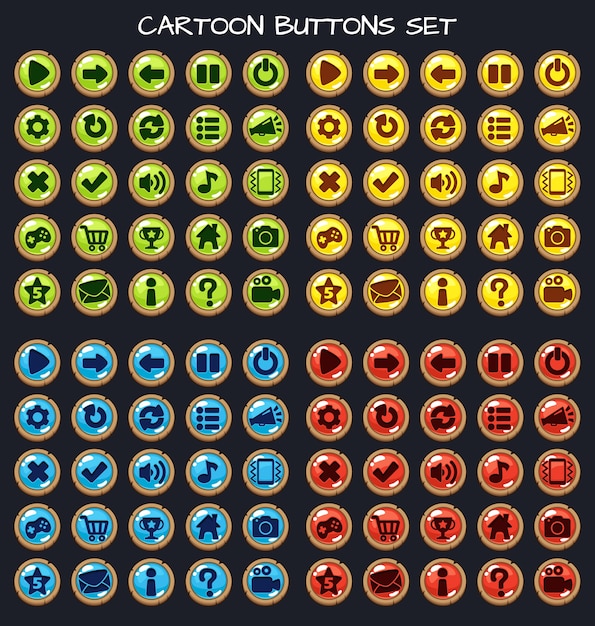 Vibrant Cartoon Buttons Collection with Various Icons and Symbols ...