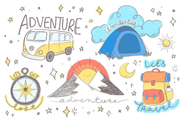 Hand-Drawn Adventure and Travel Themed Doodle Set | Jiffy Designs
