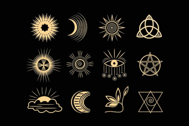 Mystical Sun, Moon, and Celestial Symbols in Golden Splendor | Jiffy ...