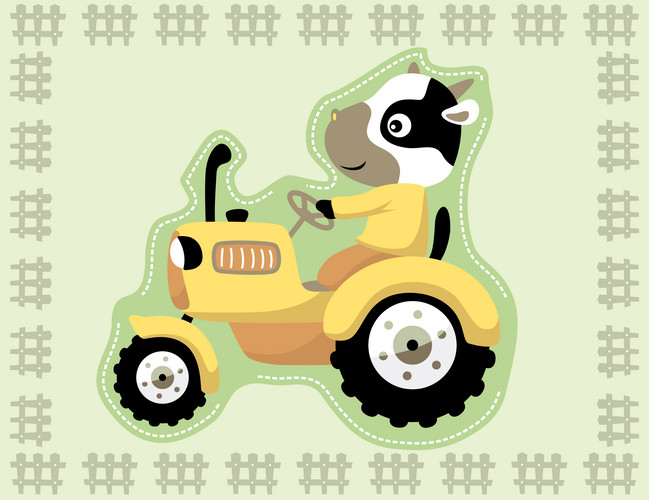 Cow Drive Tractor On Fence Frame, Vector Cartoon Illustration | Jiffy ...