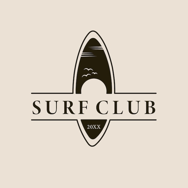 Vintage Surf Club Logo with Retro Surfboard Silhouette | Jiffy Designs