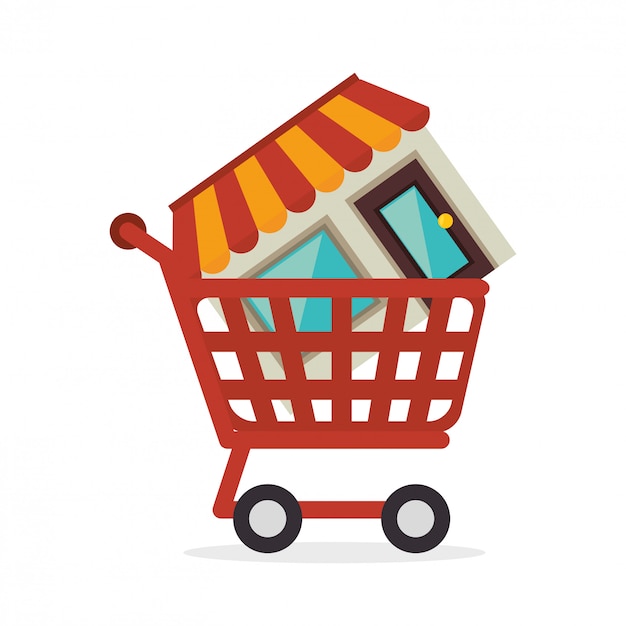 Stylized Shopping Cart with Storefront and Colorful Awning | Jiffy Designs