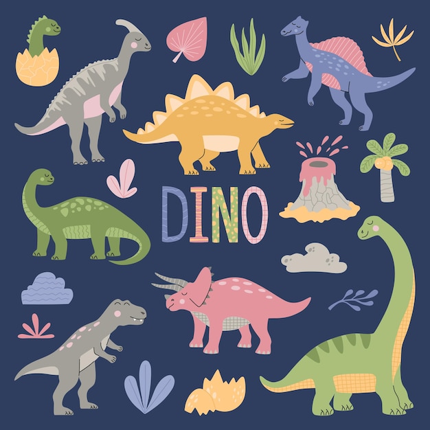 Vibrant Dinosaur Collection: Diverse Prehistoric Creatures and Elements ...