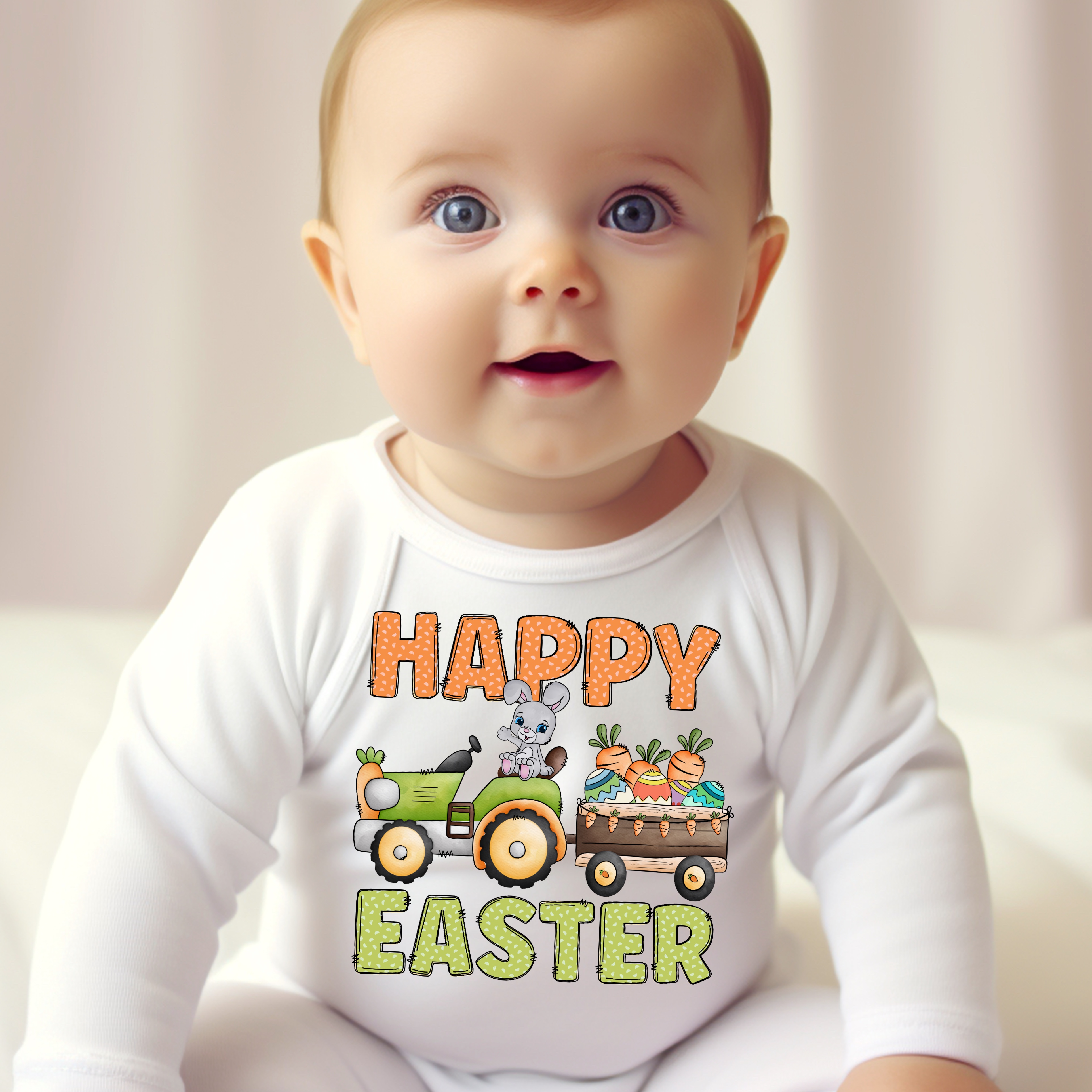 'Happy Easter' Charming Farm Scene with Bunny Driving Tractor and ...