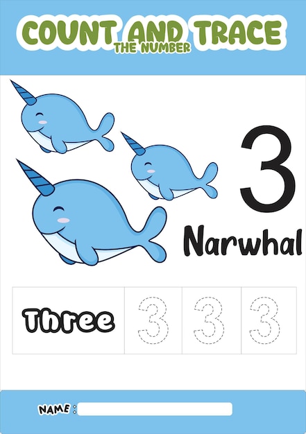 Adorable Narwhals: Count and Trace the Number 3 | Jiffy Designs
