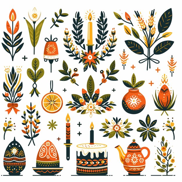 Vibrant Folk Art Collection of Botanical Elements and Festive Symbols ...
