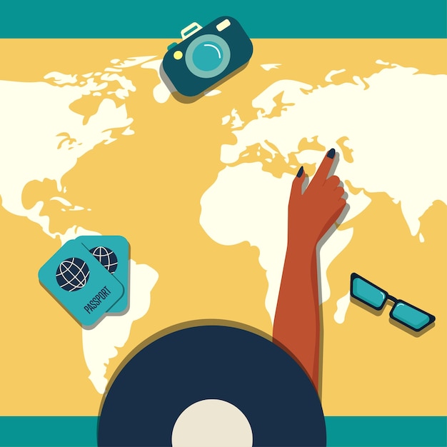 Vibrant Travel Icons Adorn a Global Map Backdrop | Jiffy Designs