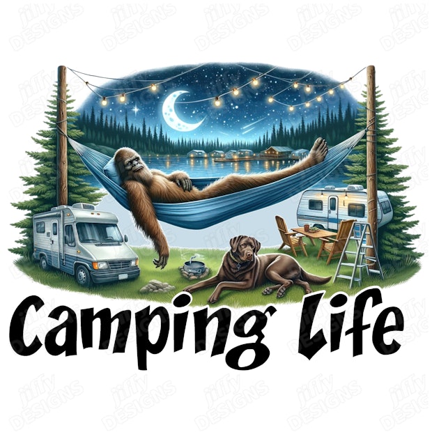 'Camping Life' Serene Outdoor Scene with Hammock and Vintage Campers ...