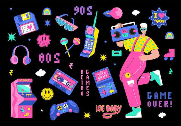Vibrant Retro 90s Themed Graphic Collage with Iconic Elements | Jiffy ...