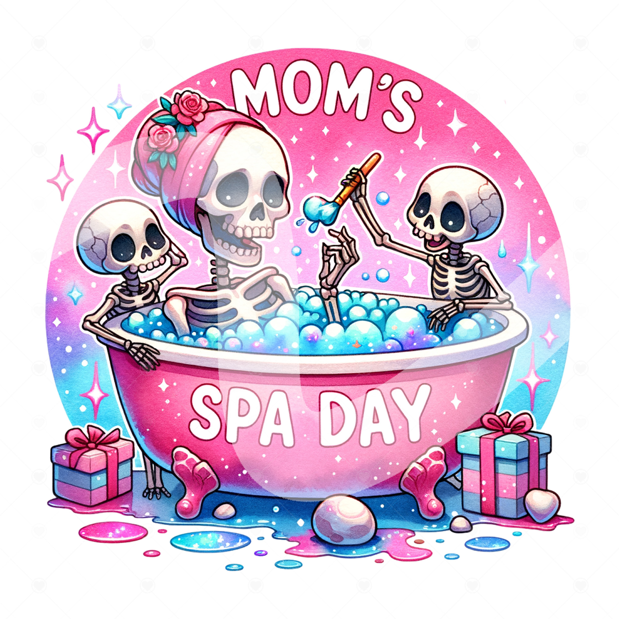 'Mom's Spa Day' Whimsical Skeleton Family Bathtub Scene | Jiffy Designs