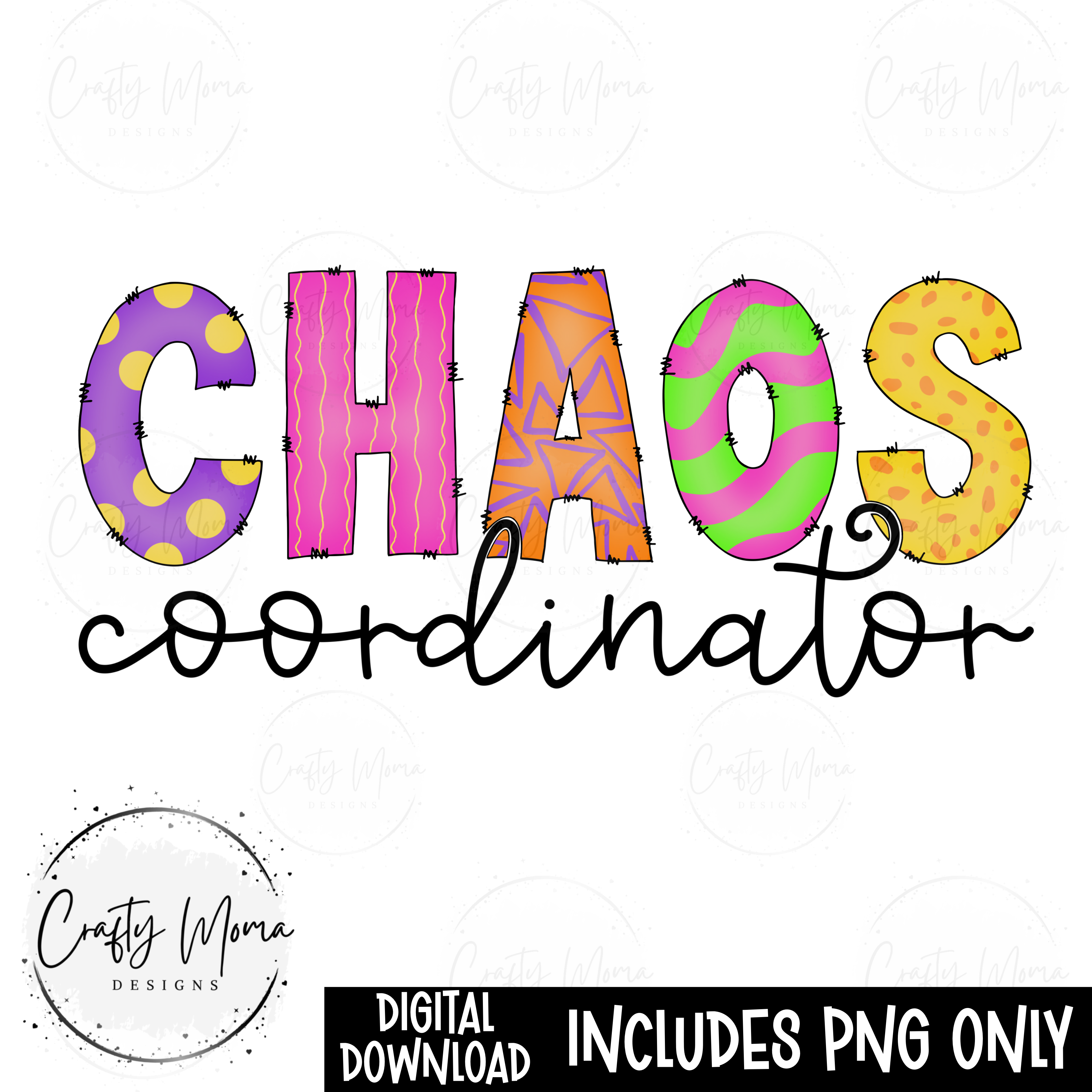 'Chaos Coordinator' Vibrant Patchwork Letters with Playful Cursive ...
