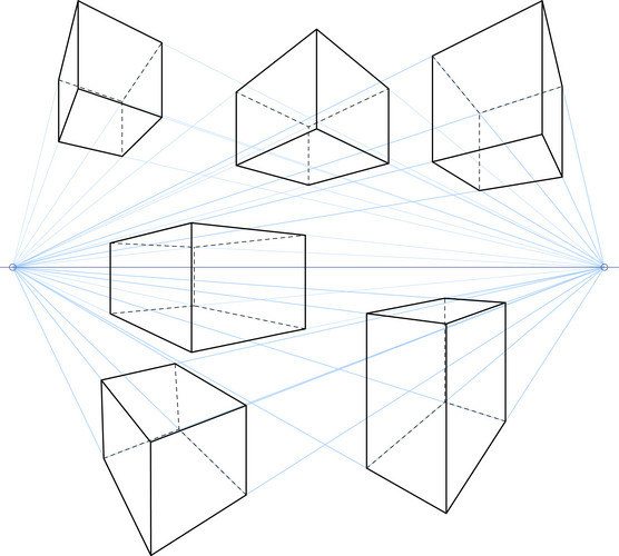 Two Point Perspective Line Drawings. Vector Set Of Cubes And ...