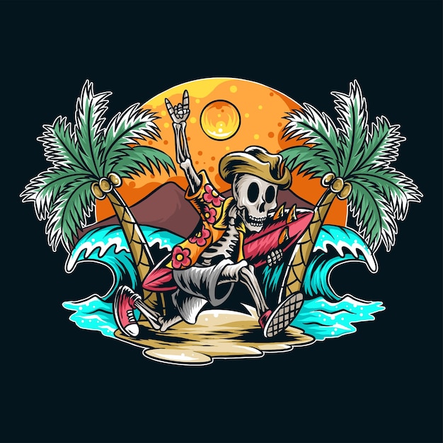 Vibrant Tropical Skull Surfer Scene with Palm Trees | Jiffy Designs