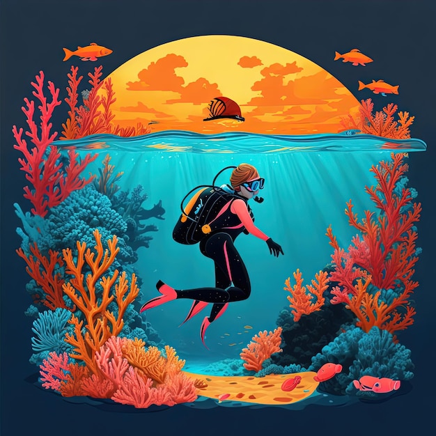 Underwater Exploration at Sunset: Diver Discovers Vibrant Coral Reef ...