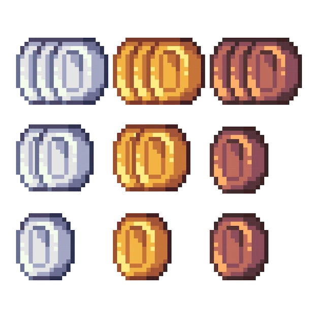 Diverse Pixel Art Coins in Shades of Silver, Gold, and Bronze | Jiffy ...