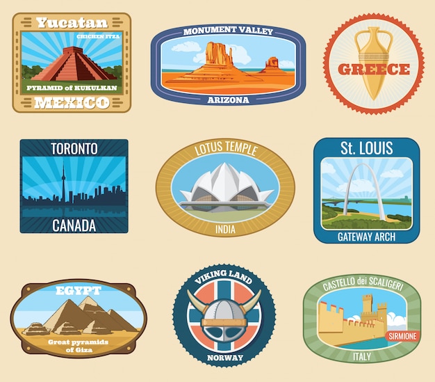 Vintage Travel Sticker Collection Showcasing Global Landmarks and ...