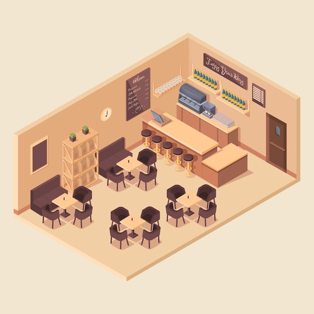 Cozy Isometric Cafe Interior with Seating and Decor | Jiffy Designs