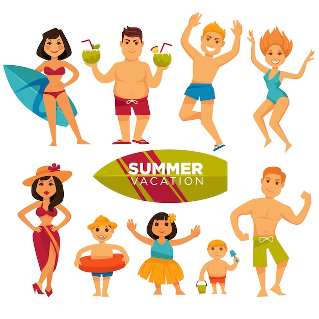 Vibrant Summer Vacation Collection: Diverse Beach-Goers and Tropical ...
