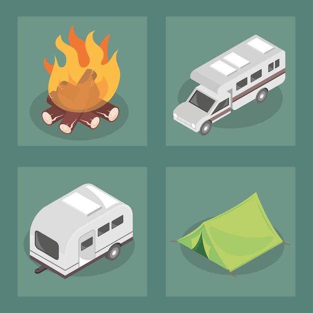 Vibrant Camping Essentials: Campfire, RV, and Tent Icons | Jiffy Designs