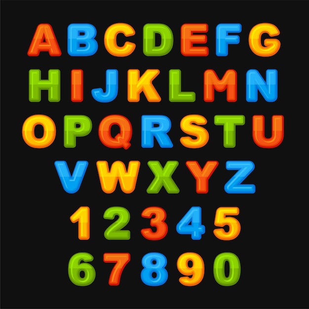 Vibrant Alphabet and Numeric Characters on Black Background | Jiffy Designs