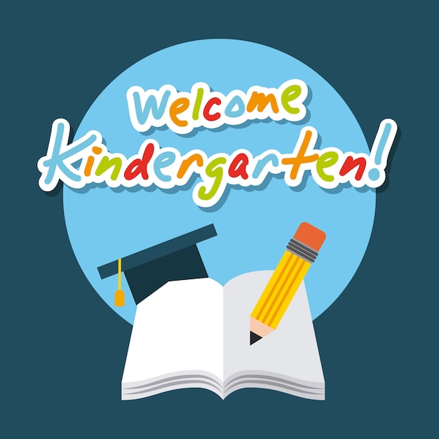 Vibrant 'Welcome Kindergarten' Design with Book and Pencil Illustration ...