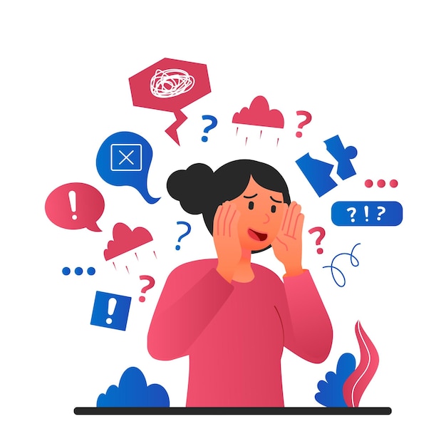 Confused Woman Surrounded by Thought Bubbles and Symbols | Jiffy Designs