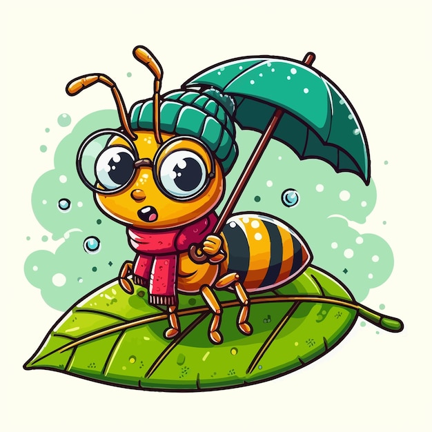 Cheerful Bee Sheltering Under Colorful Umbrella on Leaf | Jiffy Designs