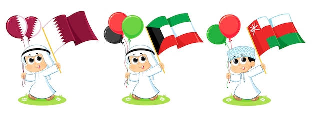 Joyful Qatari Figures Waving Flags and Balloons | Jiffy Designs