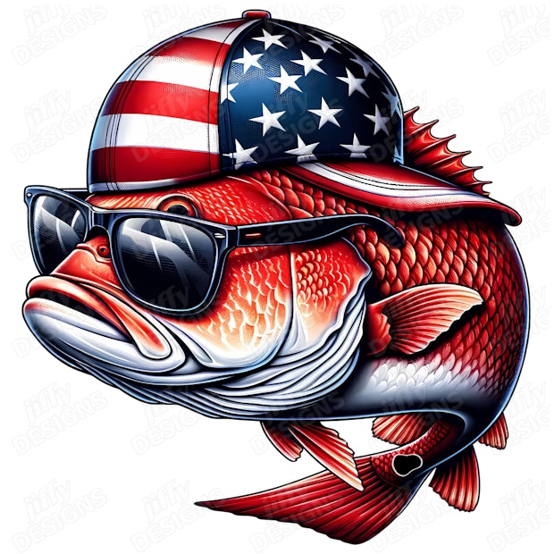 Patriotic Fish with American Flag Cap and Sunglasses in Vibrant Red and ...